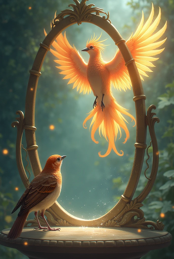 A small and fragile bird reflecting in a mirror the image of a dazzling ...