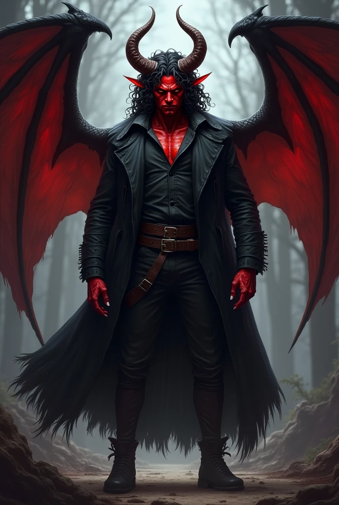 A red-skinned demon with horns with curly jet black hair. He has large ...