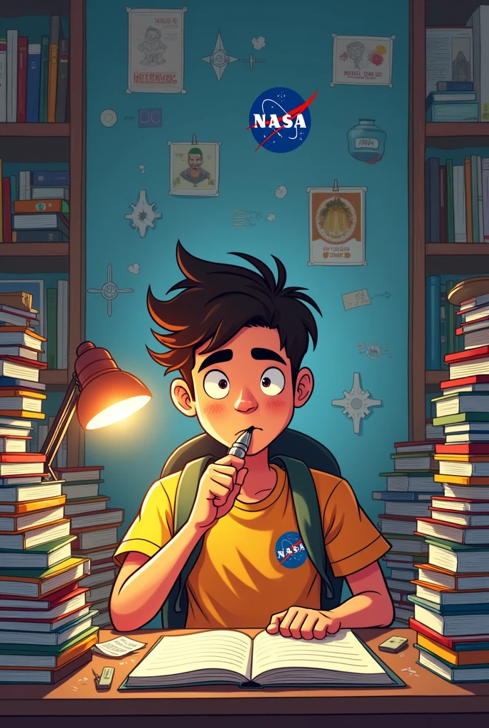 Create a cartoon image of a young man spending a lot of time studying ...