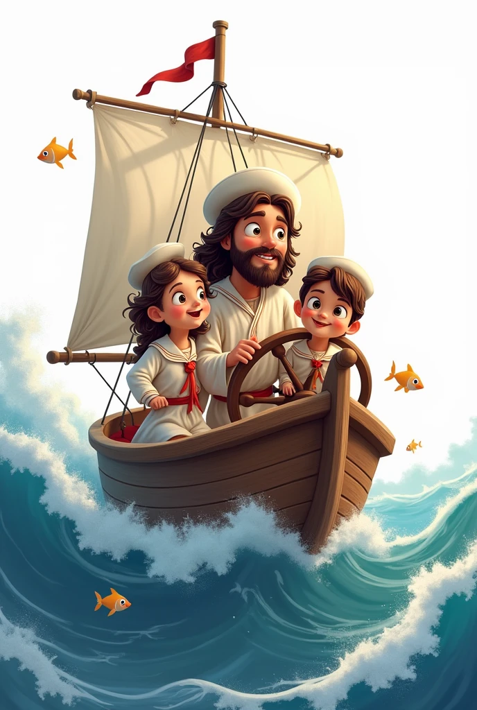 Create an image of Jesus inside a boat, with rudder in hand - SeaArt AI