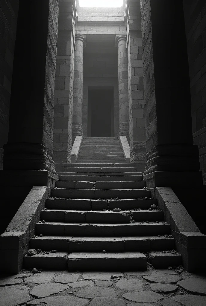 The stairs of an ancient temple framed in two columns and all in black ...