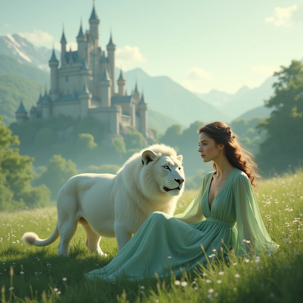 Lady sitting on the grass, wearing light green long dress, with a ...