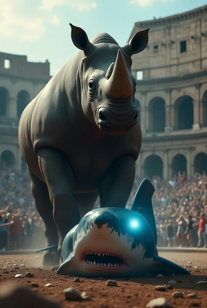 A dramatic scene of a rhino standing triumphantly over a fallen great ...