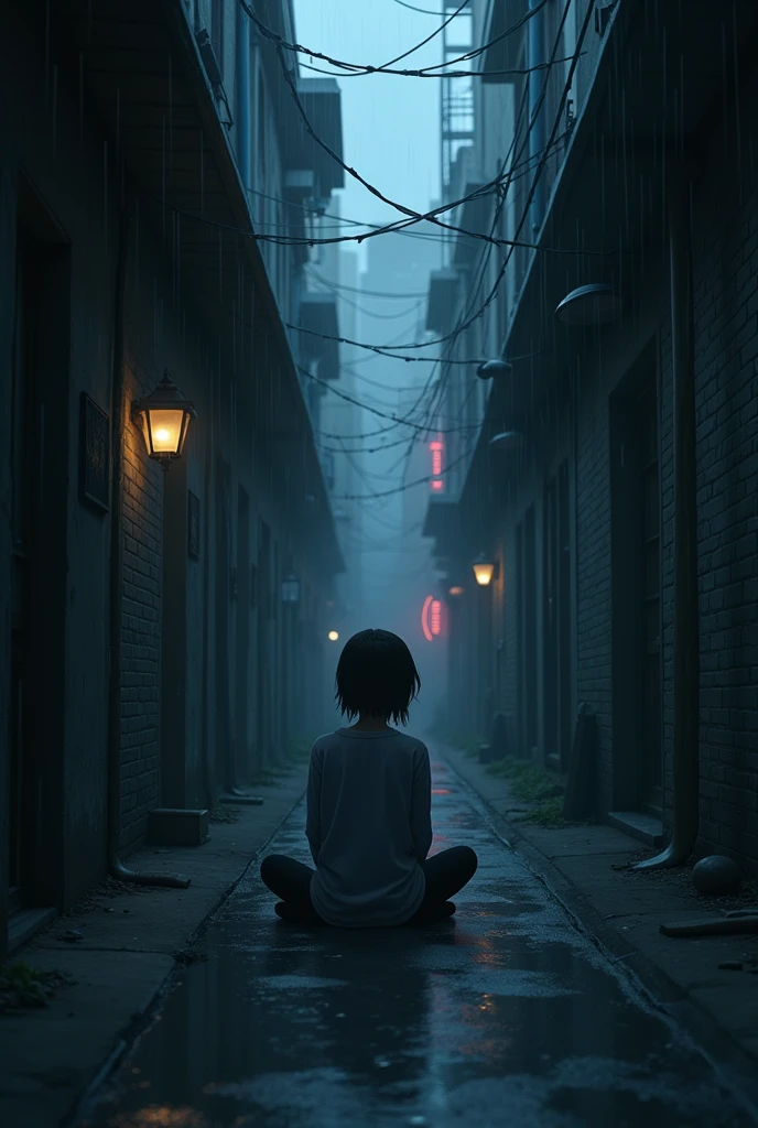 A sad anime in an alley - SeaArt AI