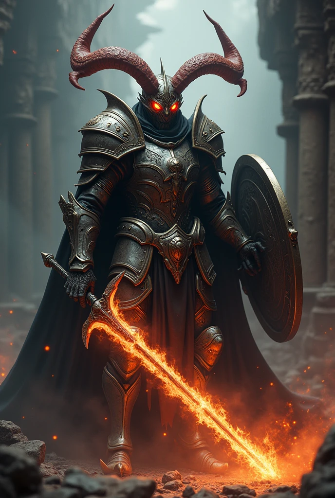 Demon Full plate, helm with glowing read eyes, shadows, shield and ...