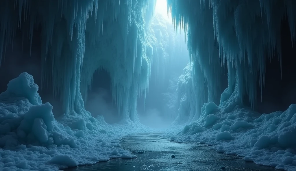 Prompt: A dark, eerie ice cavern with shadows and faint, enigmatic ...