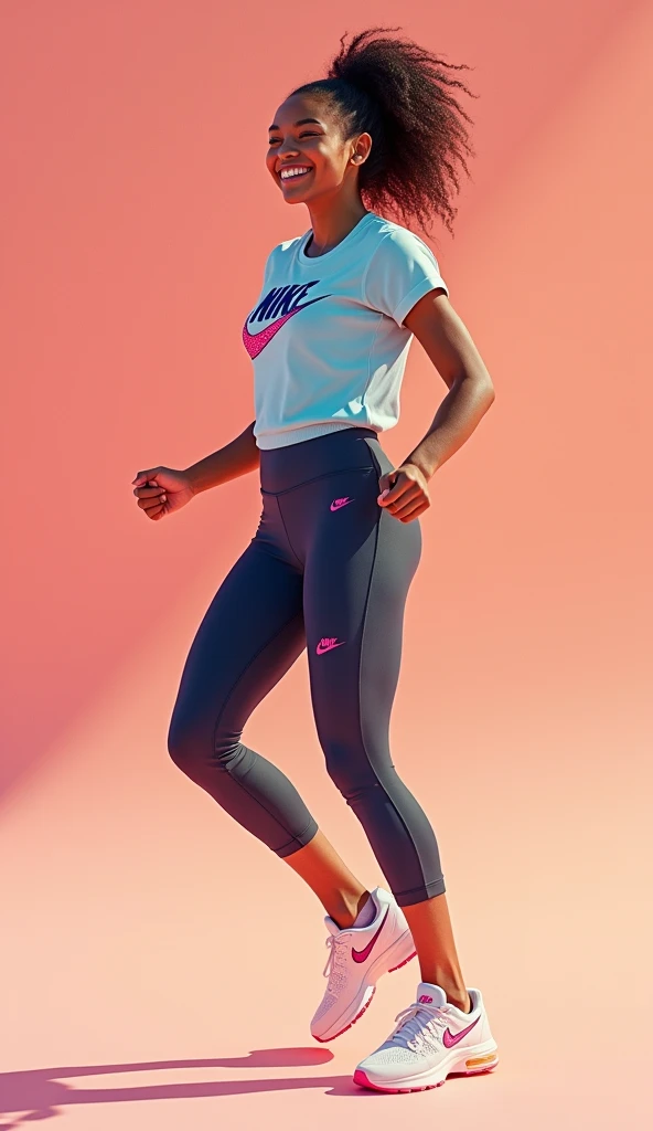 Happy girl holding Nike shoes, advertise, wearing Nike sport outfit ...