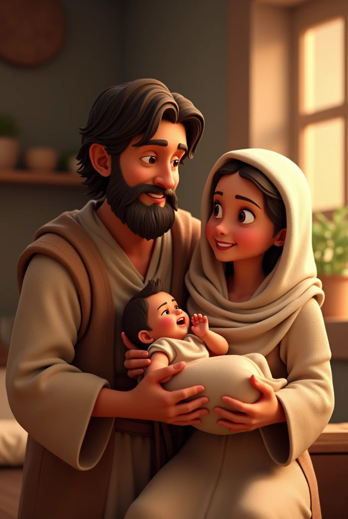 Scene of Abraham and Sara holding little Isaac in a cozy environment ...