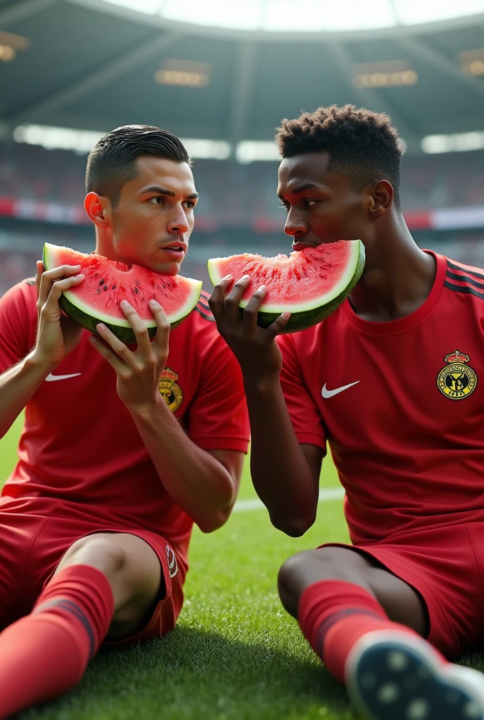 Cr7 eating watermelon with kylain mpape - SeaArt AI