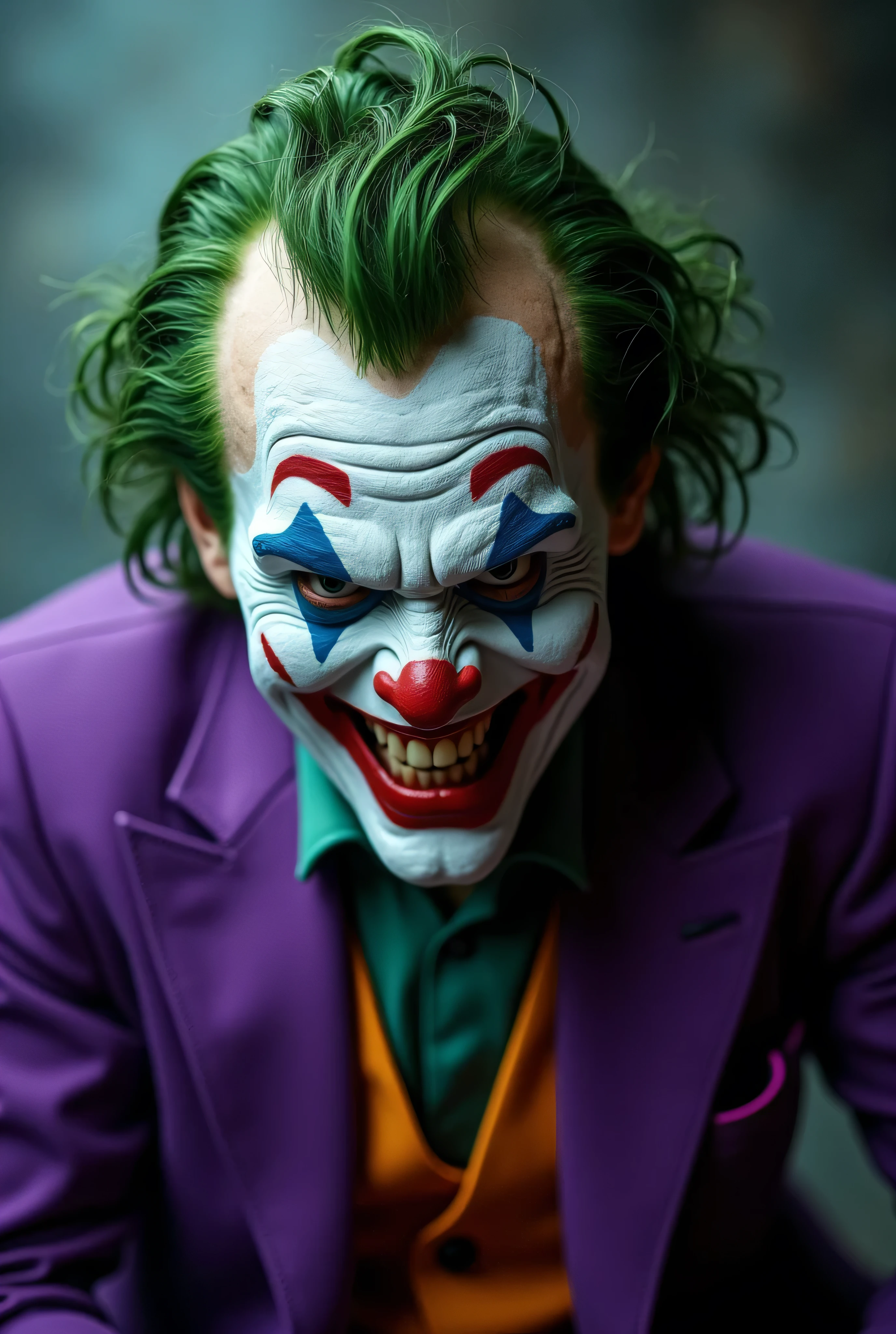 A deranged and twisted joker clown, close-up portrait, piercing gaze ...