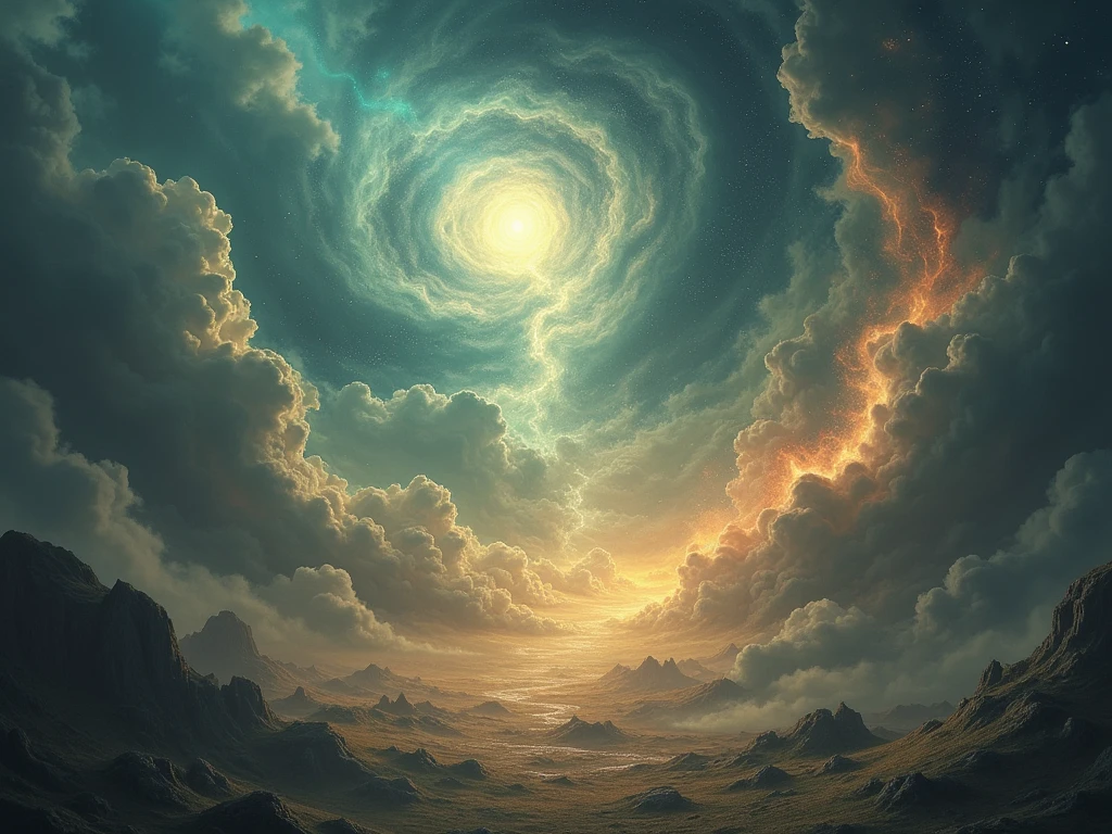 Depict an ancient mythological scene where the sky and earth are still ...