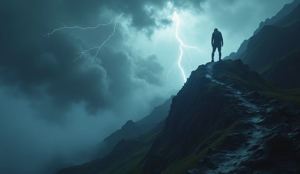 "A person climbing a steep mountain path during a storm, symbolizing ...