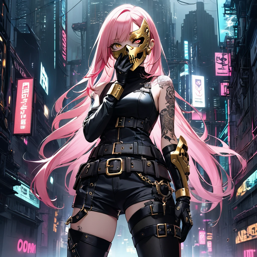 1 woman with long pink hair, gold tech eyes, gold skull mask over mouth ...