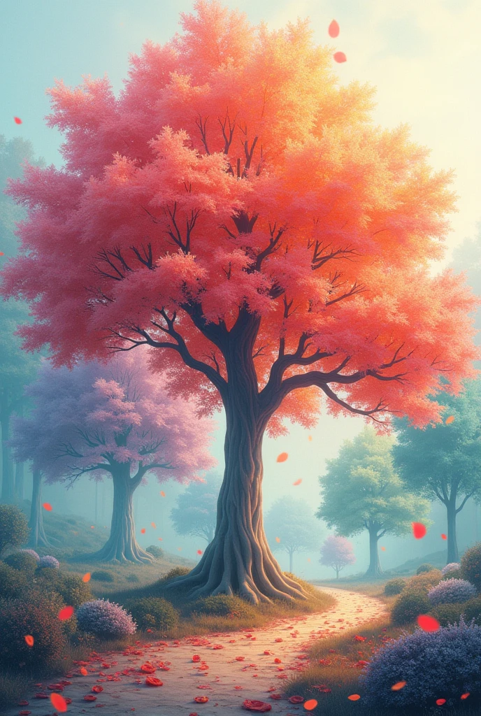 Fairy tale、 pop and cute tree design art 、 beautiful colorful leaf tree - SeaArt AI