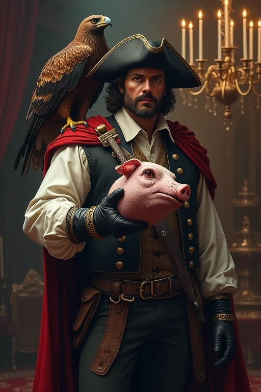 Create an image of a musketeer with a hawk on his shoulder, holding a ...