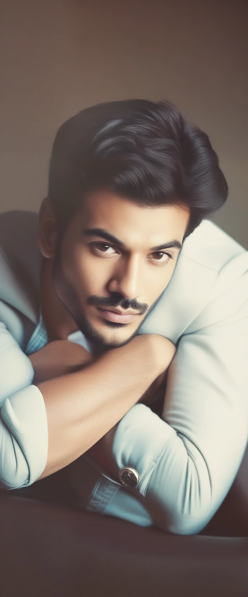 a close up of a Latino man sitting in a chair with his arms crossed ...