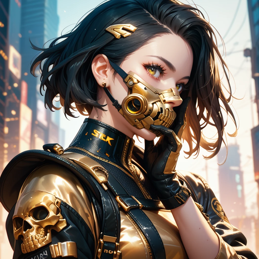 1 woman with black hair, gold tech eyes, gold skull mask over mouth ...