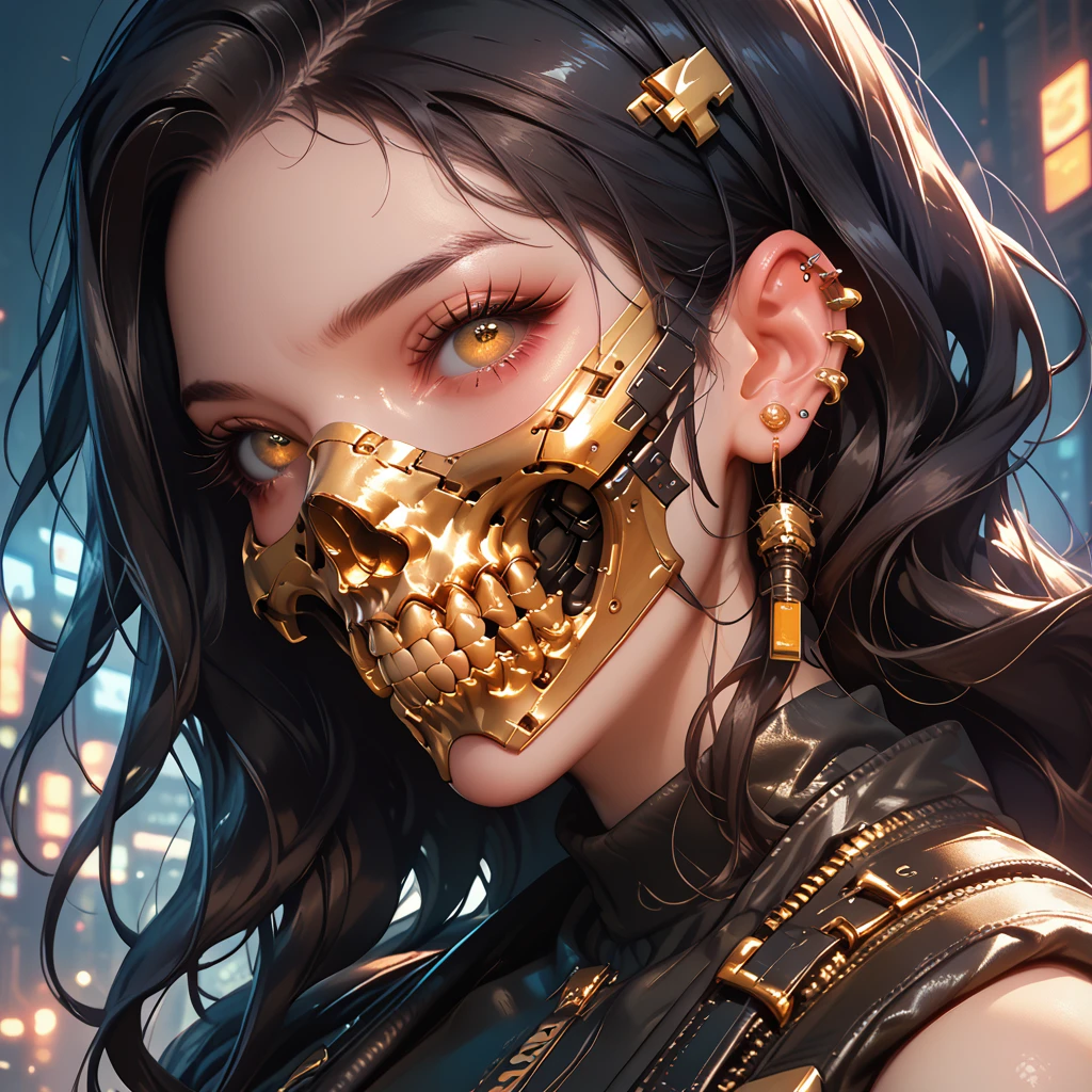 1 woman with black hair, gold tech eyes, gold skull mask over mouth ...