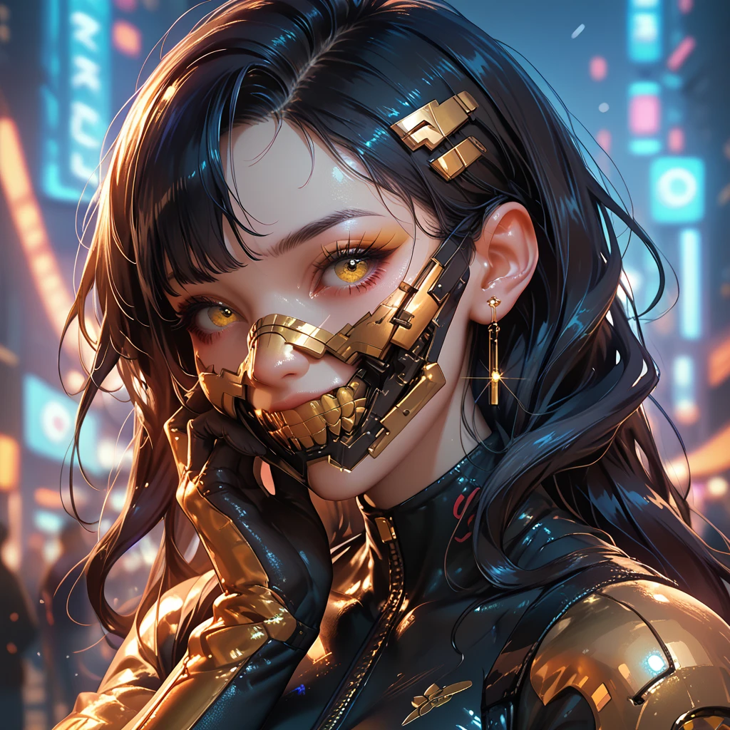1 woman with black hair, gold tech eyes, gold tiger mask over mouth ...