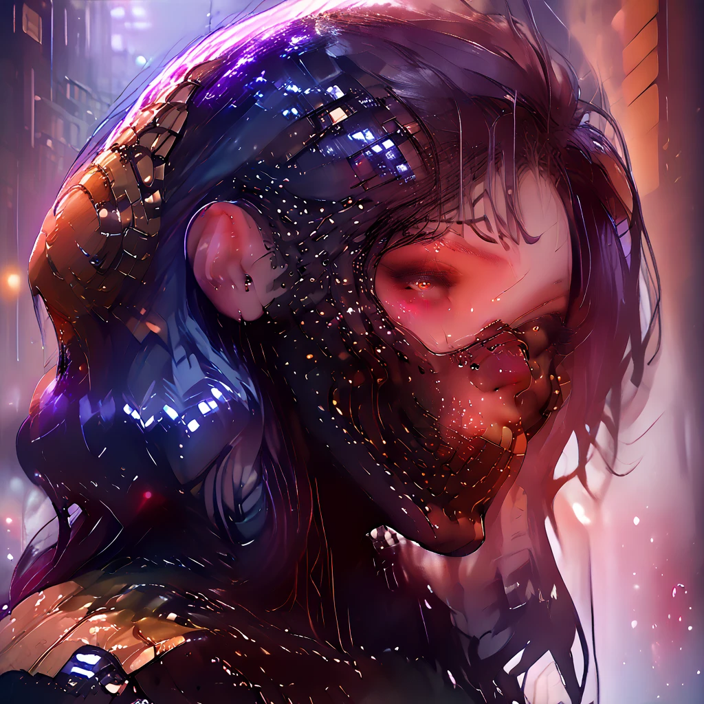 1 woman with purple hair, gold tech eyes, gold tiger mask over mouth ...