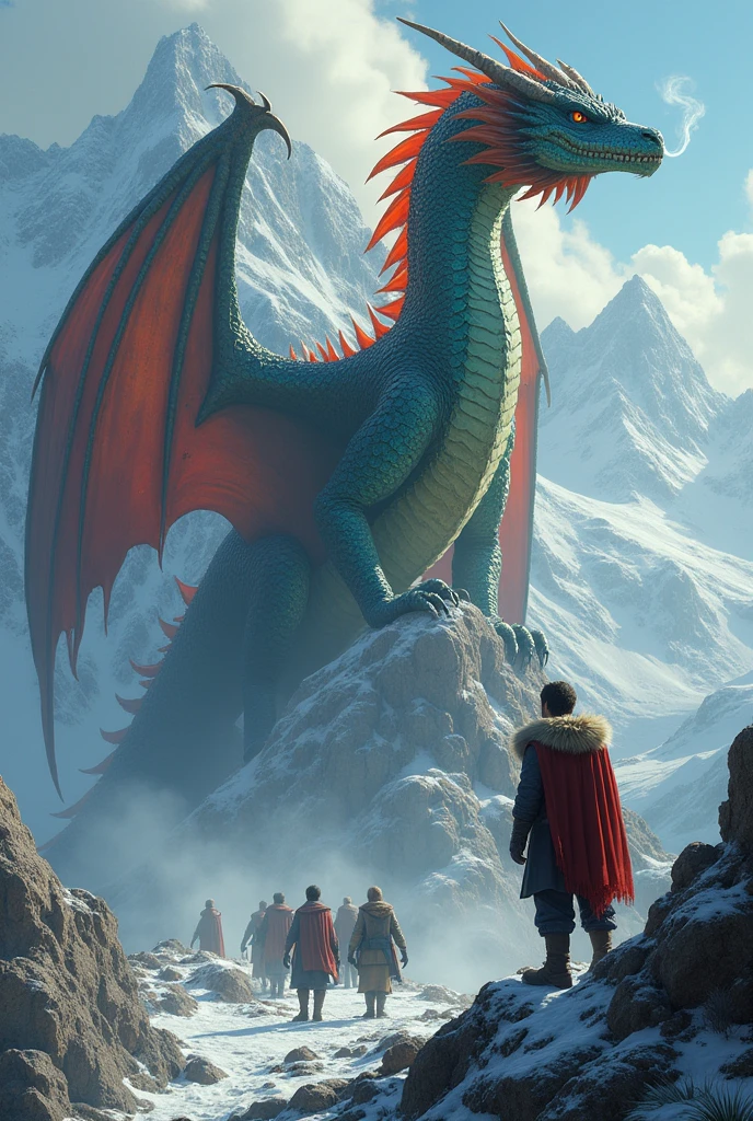 A huge dragon on a mountain with adventurers watching it from a ...