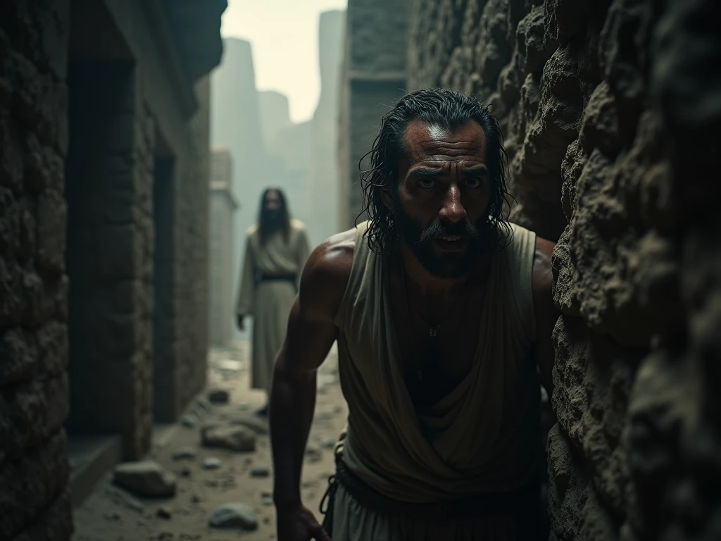 Create a scene of a tormented man emerging from tombs, disheveled and ...