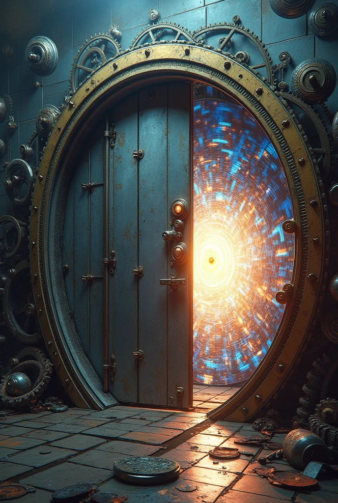 A mesmerizing scene unfolds as a distorted metallic door within a ...