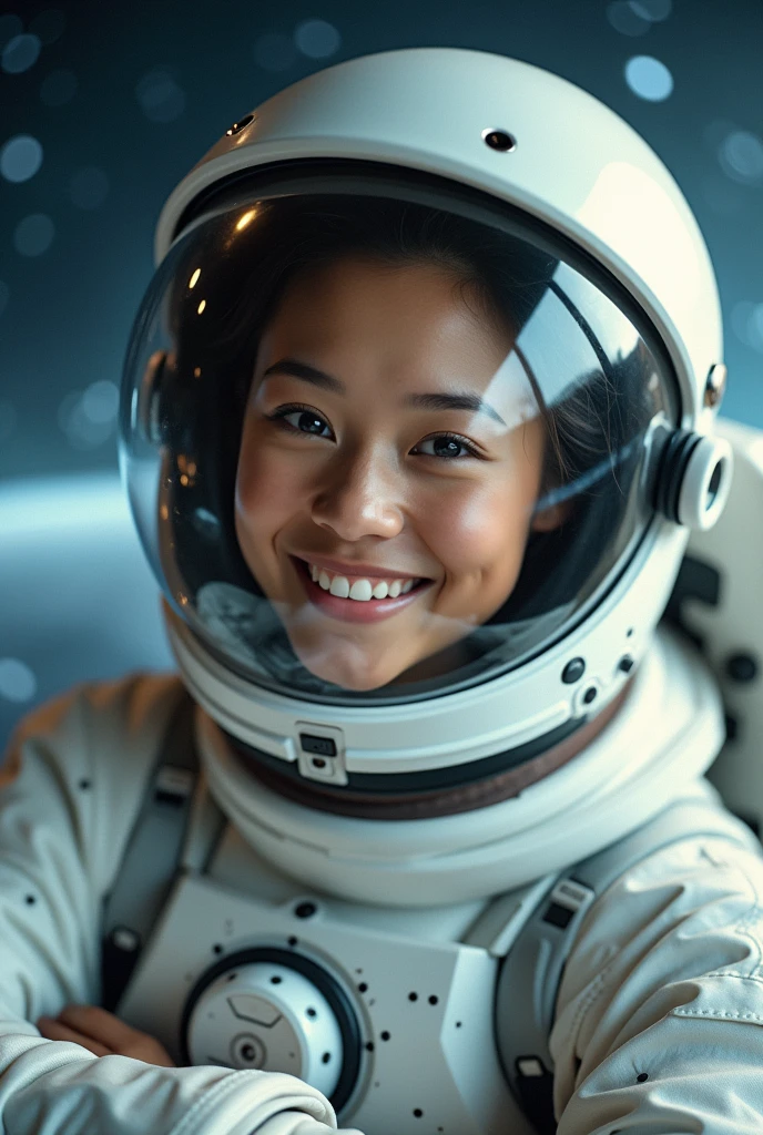 Close up: A beautiful, young woman in a sleek, modern astronaut suit ...