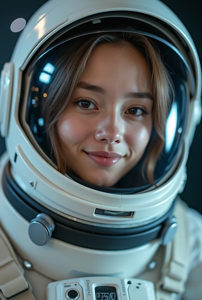 Close up: A beautiful, young woman in a sleek, modern astronaut suit ...