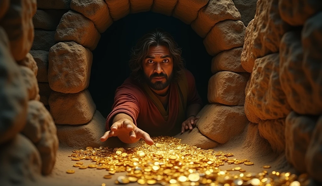 Cinematic style,Vinayak cautiously approaches a stone door covered in ...