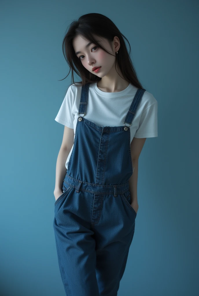 A girl wearing overalls poses for the camera, in the style of shige ...