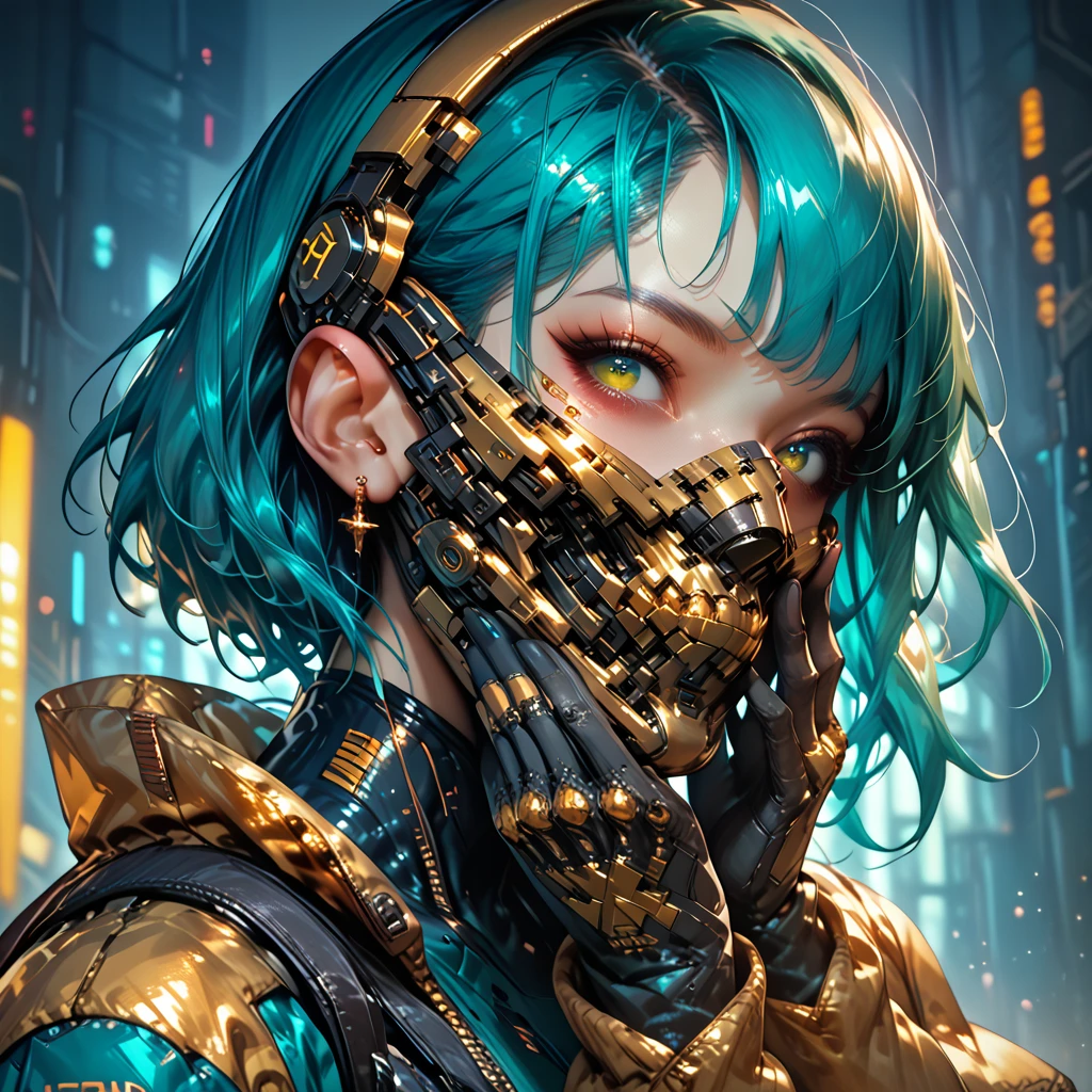1 woman with teal sidecut hair, gold tech eyes, gold mask over mouth ...