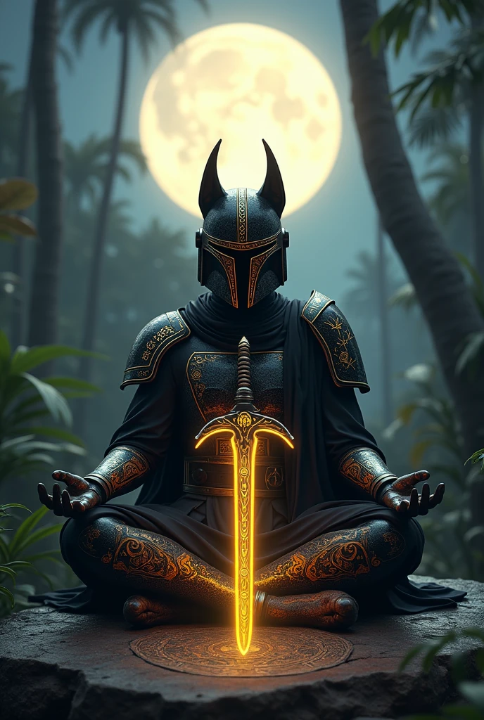 A Mandalorian in black samurai armor with golden runes, wolf ears on a ...