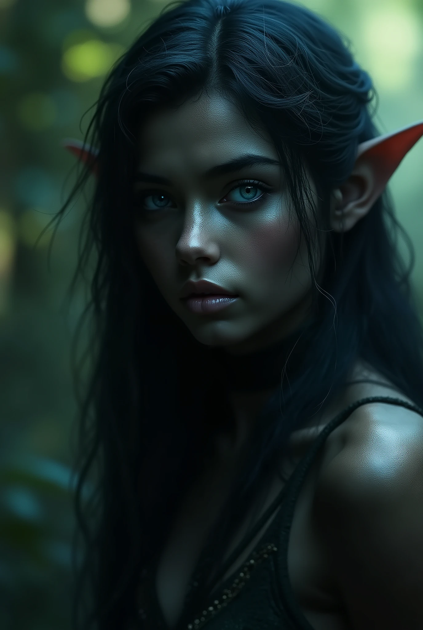 A female elf with dark shiny skin and beautiful blue eyes - SeaArt AI