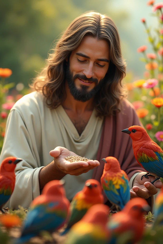 A close-up of Jesus smiling as he feeds a handful of seeds to a flock ...