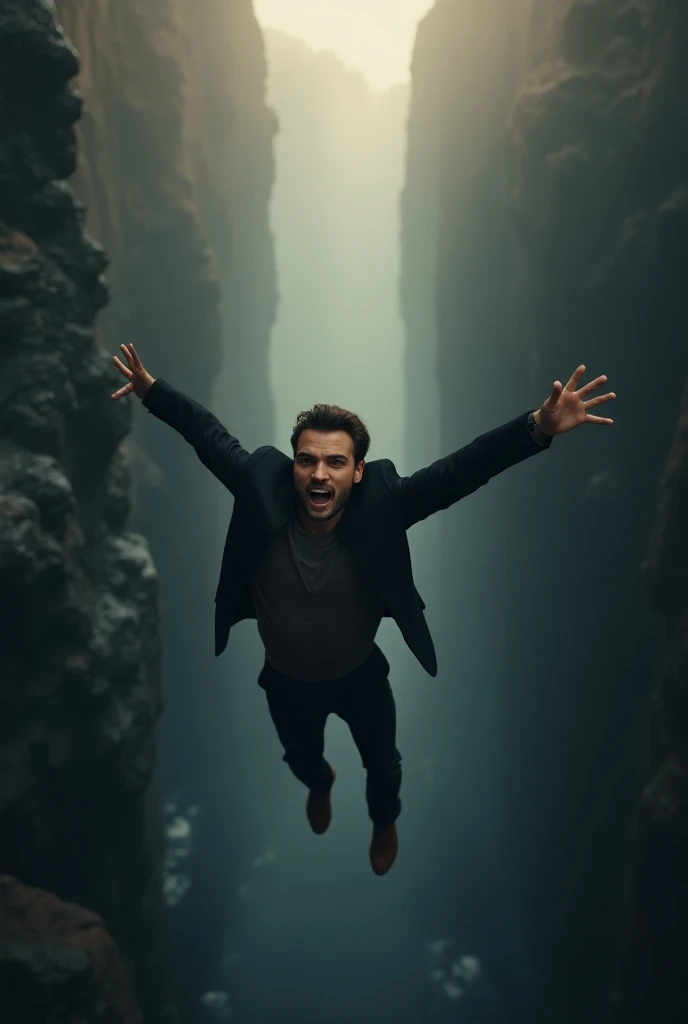 A man falling from a high place, 1 man, dramatic pose, cinematic ...