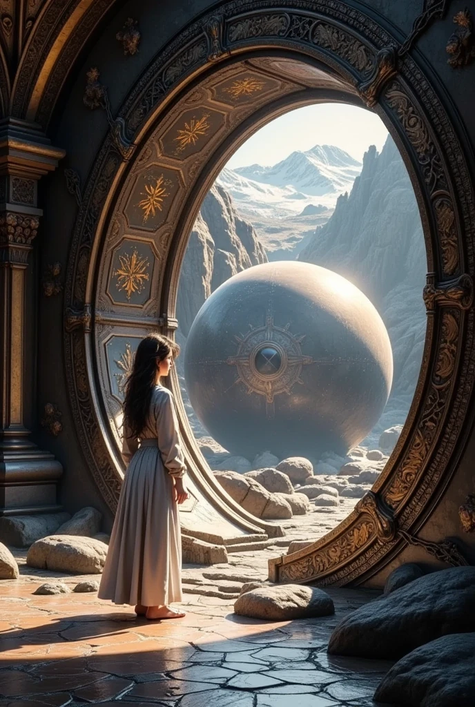 This image depicts a huge machine and a female guide standing beside it ...