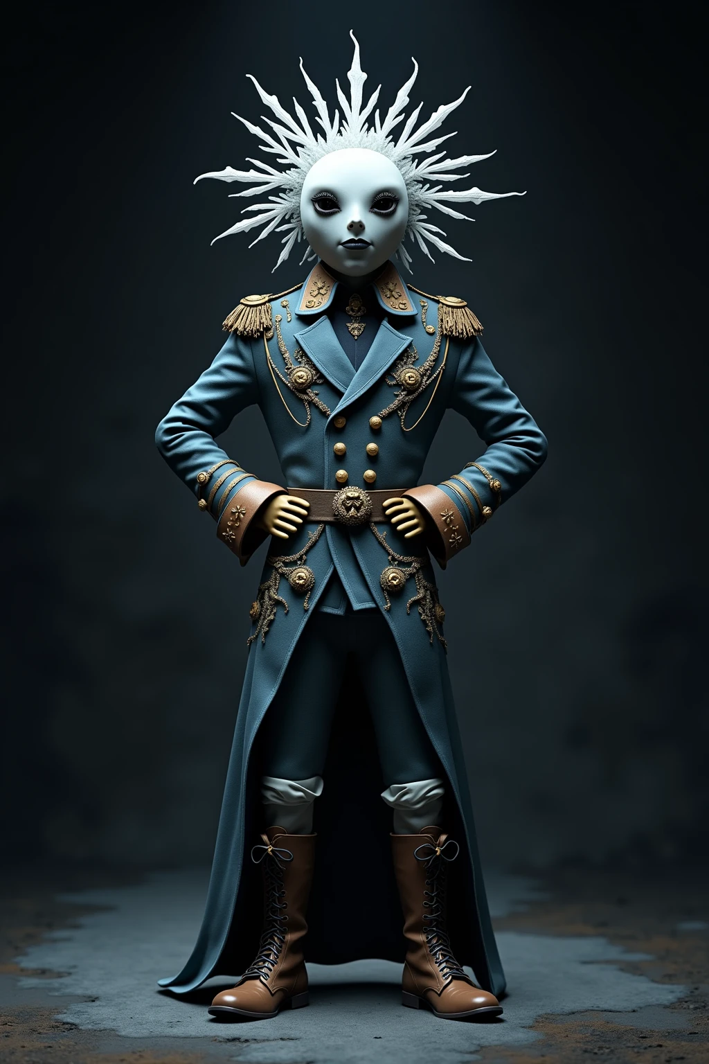 Generate images of character of (snowflake head) zany scarecrow with a ...