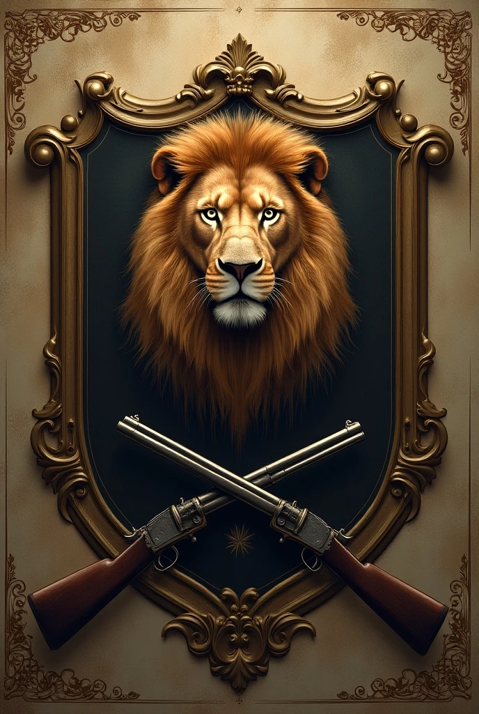 A lion in the middle of two crossed guns and all of it are inside an ...