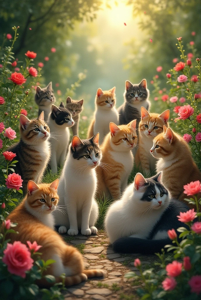 Ten to twelve cats are sitting together in the flower garden - SeaArt AI