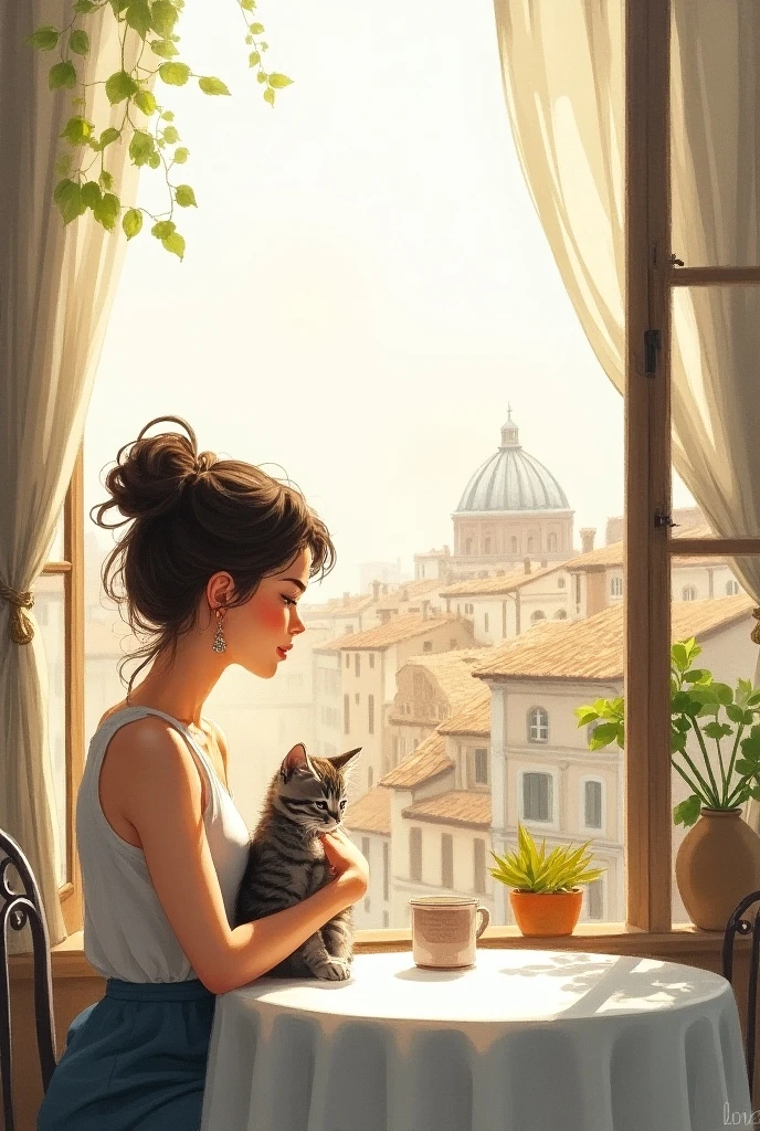 Watercolor painting, Side profile, ink and wash, woman holds kitten at ...