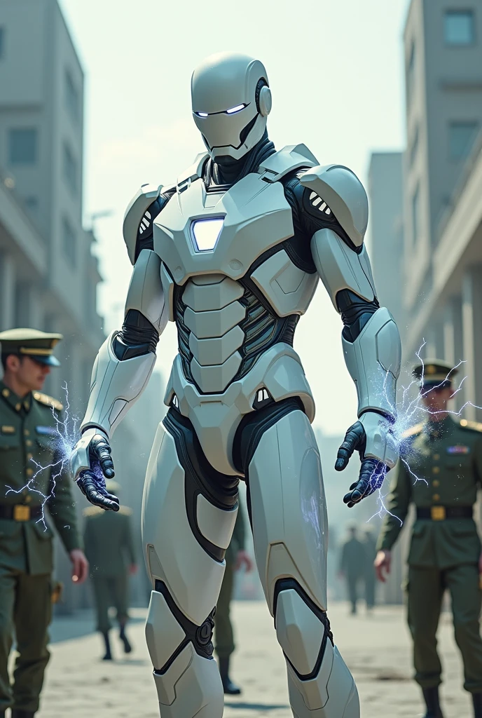 Create a man using a suit like Ironman in white color shahed and ...