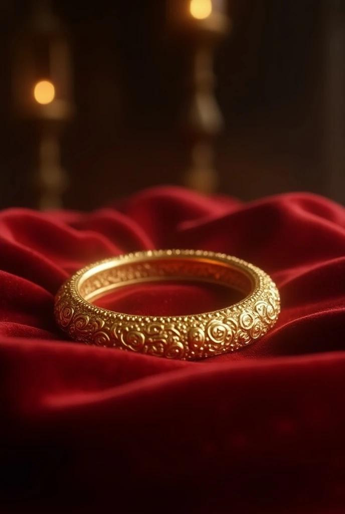""A close-up of a golden bangle with intricate carvings and a mystical ...