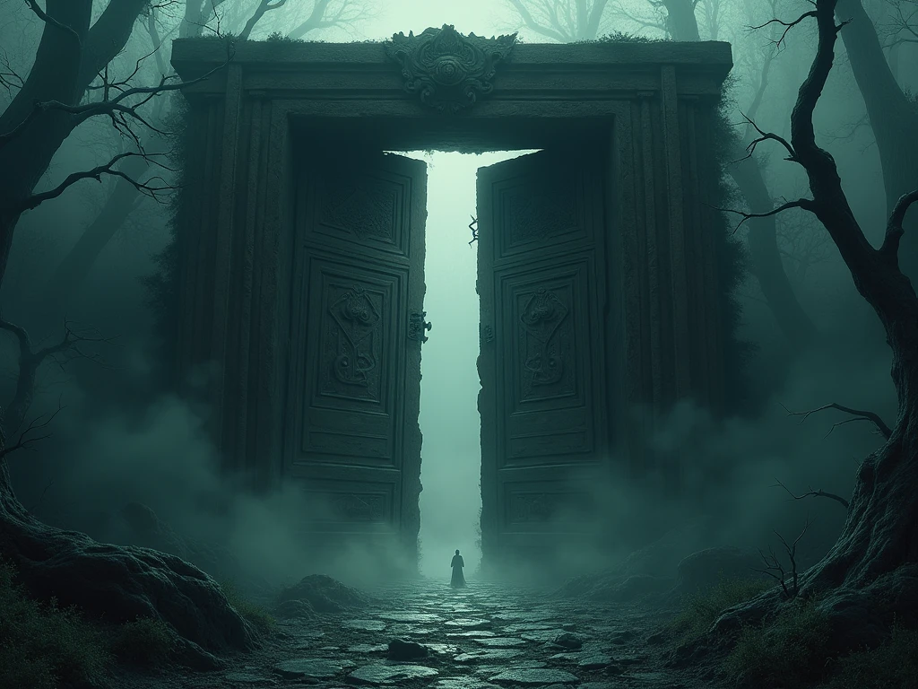 A huge spooky door 、 A dark world unfolds beyond the door、 high ...