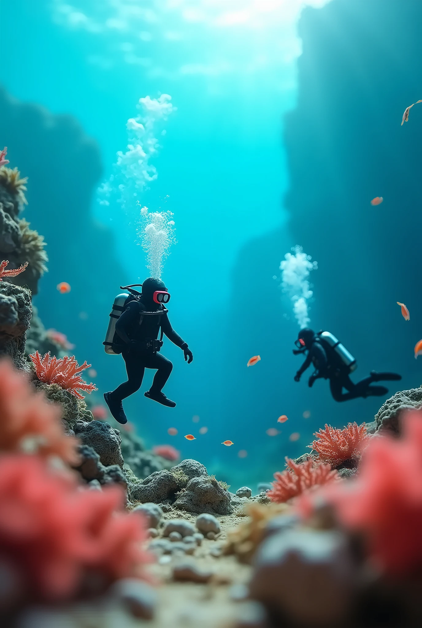 A miniature photography style scene capturing an exciting underwater ...
