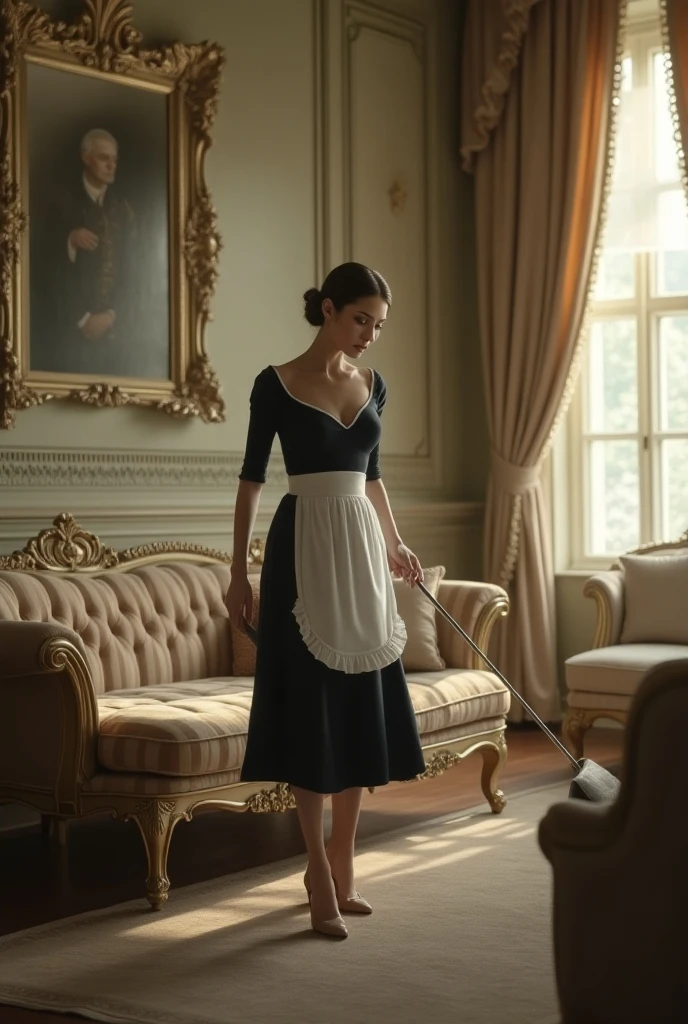 A beautiful woman dressed in maid costumes cleaning a beautiful living ...