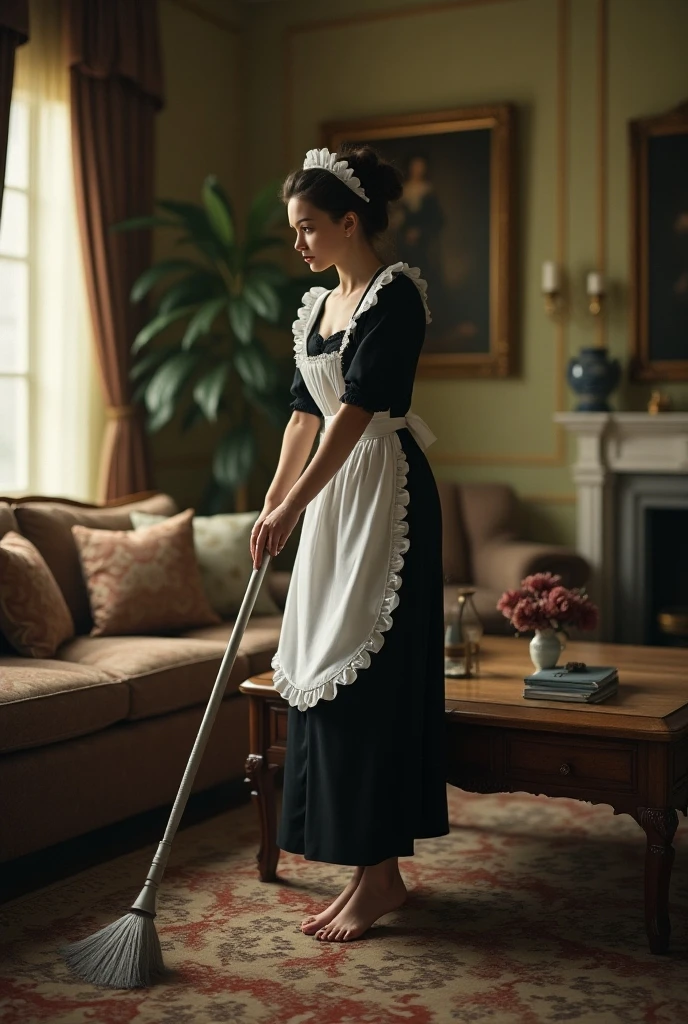 A beautiful woman dressed in maid clothes and barefoot cleaning a ...