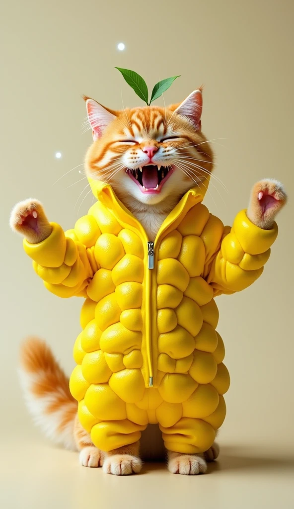 The happy cat standing has a suit made of lemons. - SeaArt AI