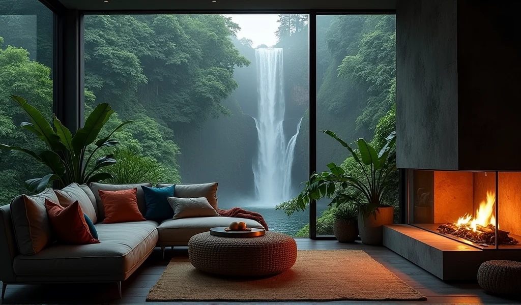 Dim lit Night atmosphere, A living room with large windows overlooking ...