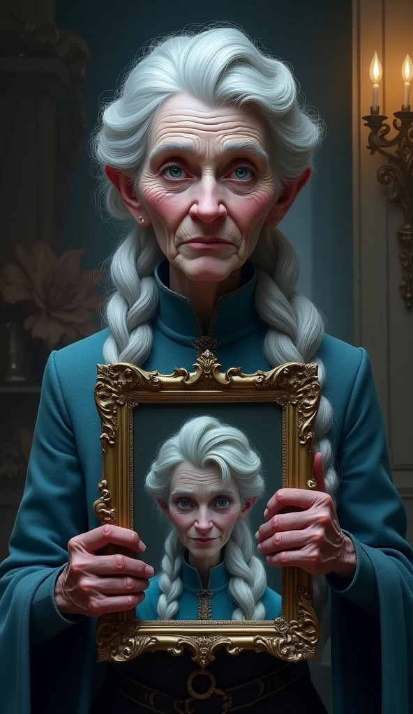 Old queen Elsa with wrinkles and gray hair from Frozen stands and holds ...